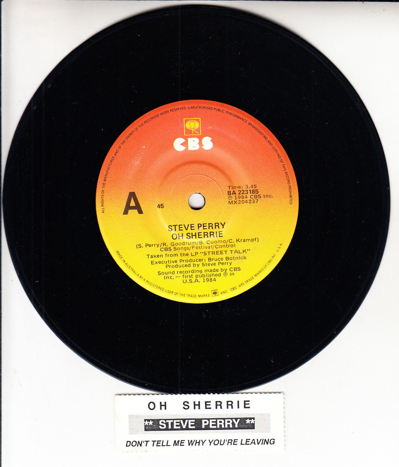 STEVE PERRY Oh Sherrie 7" 45 rpm vinyl record + juke box title strip ...