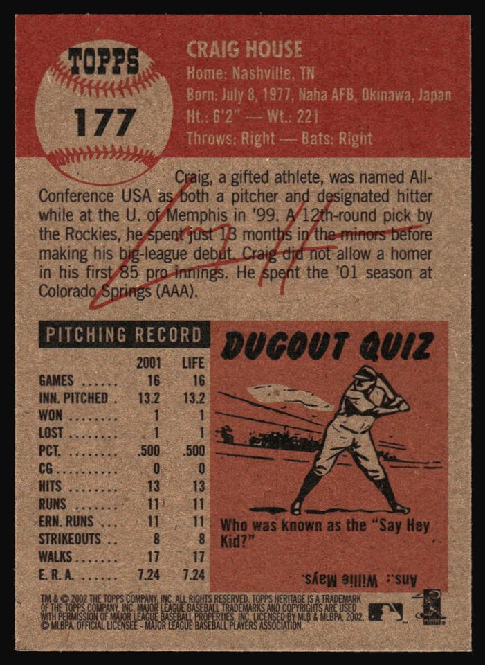 2002 Topps Heritage Craig House #177 Colorado Rockies | eBay
