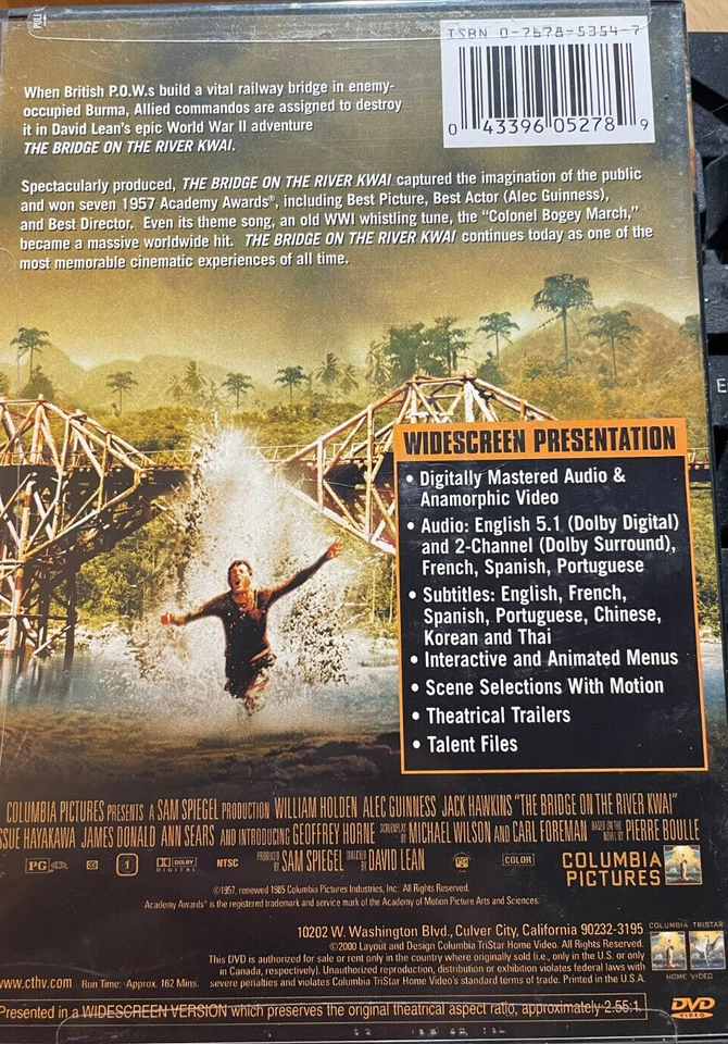 The Bridge On The River Kwai Classic WWII DVD. William Holden, Alec ...