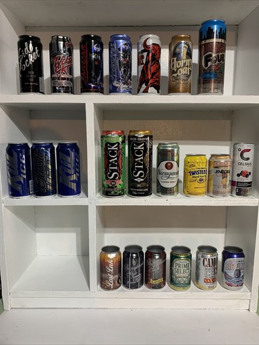 Unique open top empty beer cans, Jaguar, Stack, Horny Goat, Schlitz Red ...