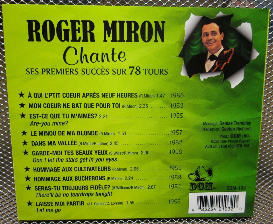 ROGER MIRON Chante Ses Premiers Succes Sur 78 Tours CD westrn Canada ...