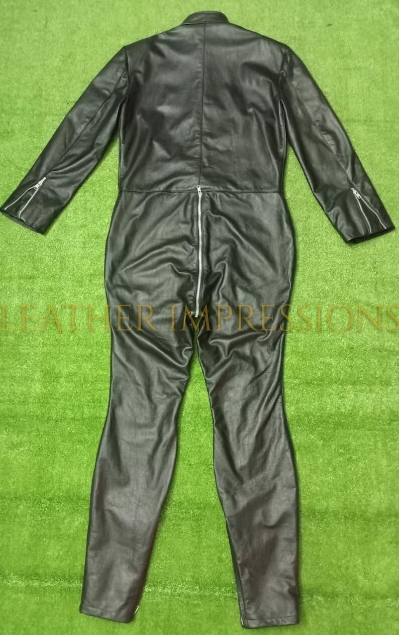 Mens Leather Catsuit Jumpsuit Slim Fit Overall Bodysuit Front Zipper ...
