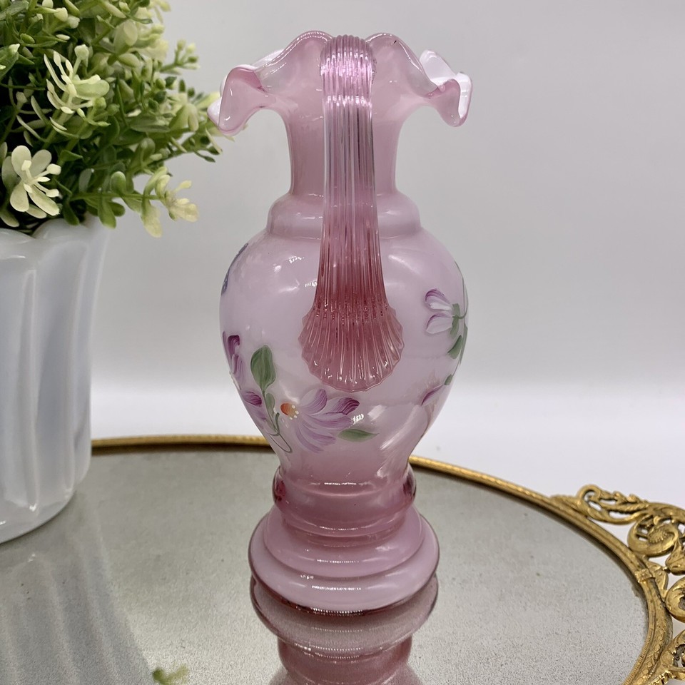 Vintage Fenton Glass Pitcher Hand Painted Asters On Dusty Rose #2266 Signed | eBay