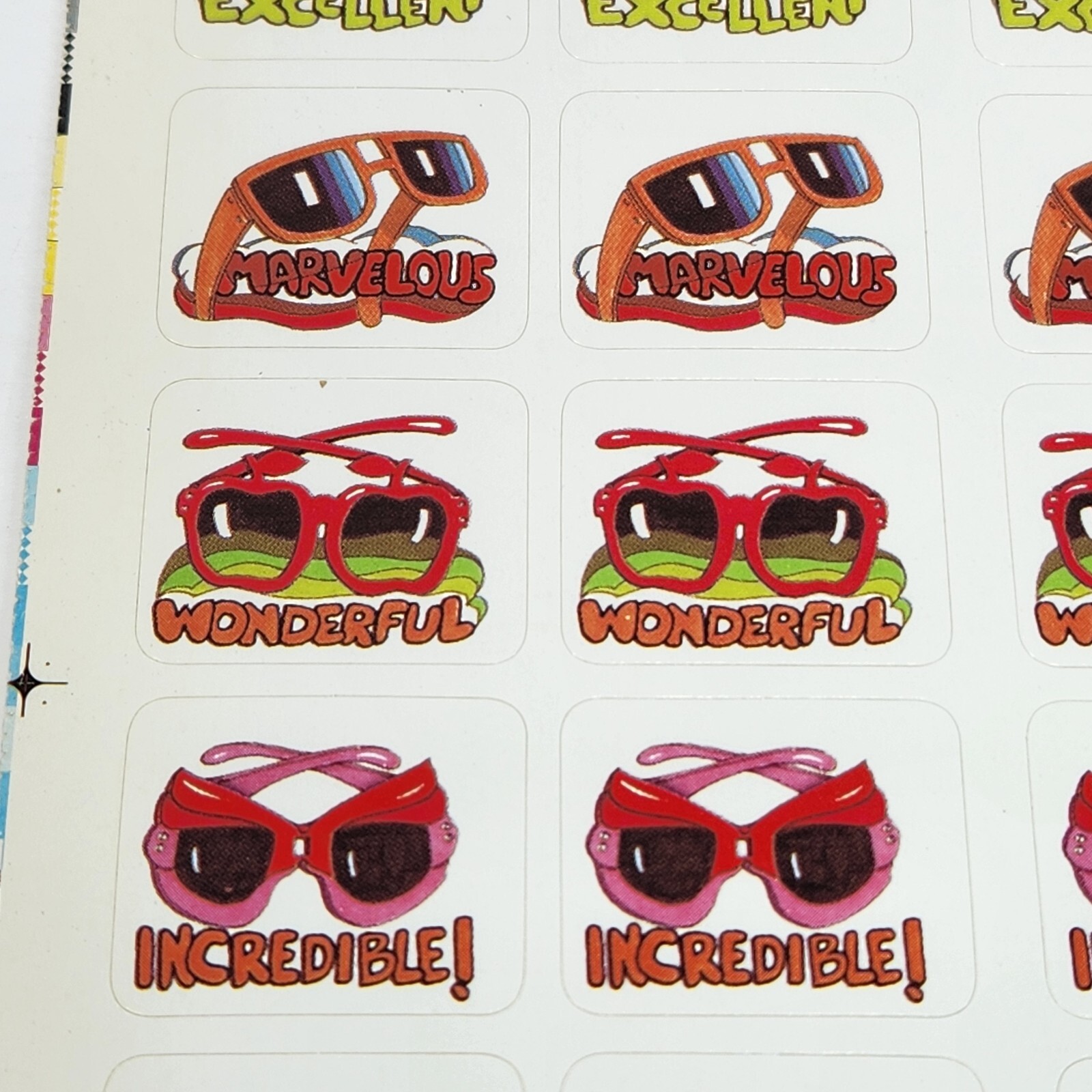 1 VINTAGE 1990's SHEET OF COLORFUL TEACHER SUNGLASSES SHADES GLASSES ...