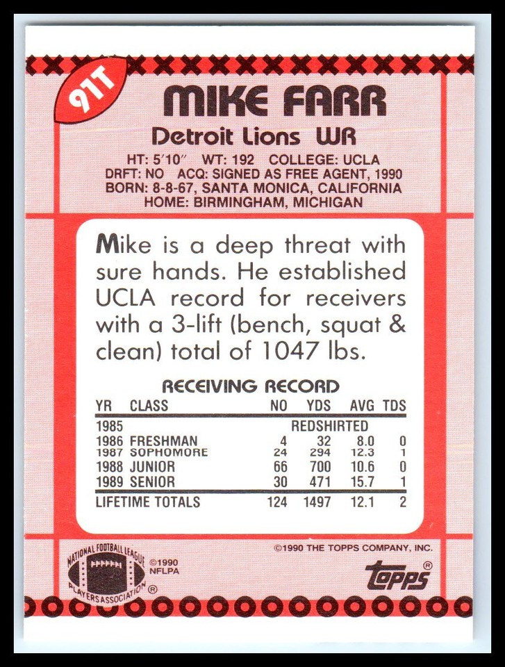 1990 Topps Traded #91T Mike Farr MT-NRMT Rookie Football Card | eBay