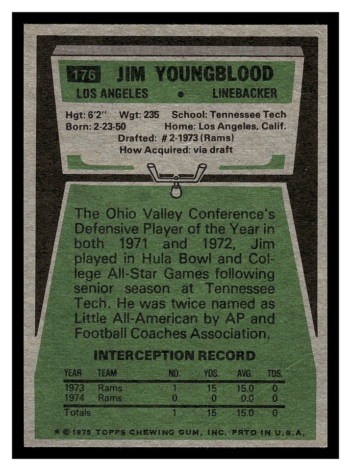 1975 TOPPS FOOTBALL JIM YOUNGBLOOD #176 ROOKIE CARD LOS ANGELES RAMS ...