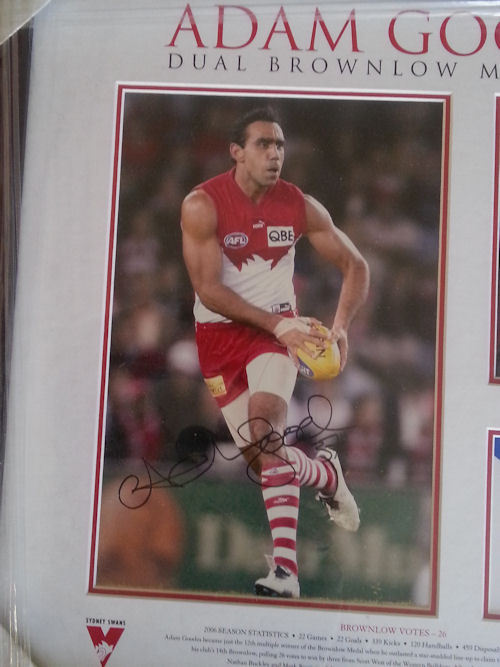 ADAM GOODES SYDNEY SWANS 2006 BROWNLOW L/E 74/100.SIGNED PHOTO PIECE ...