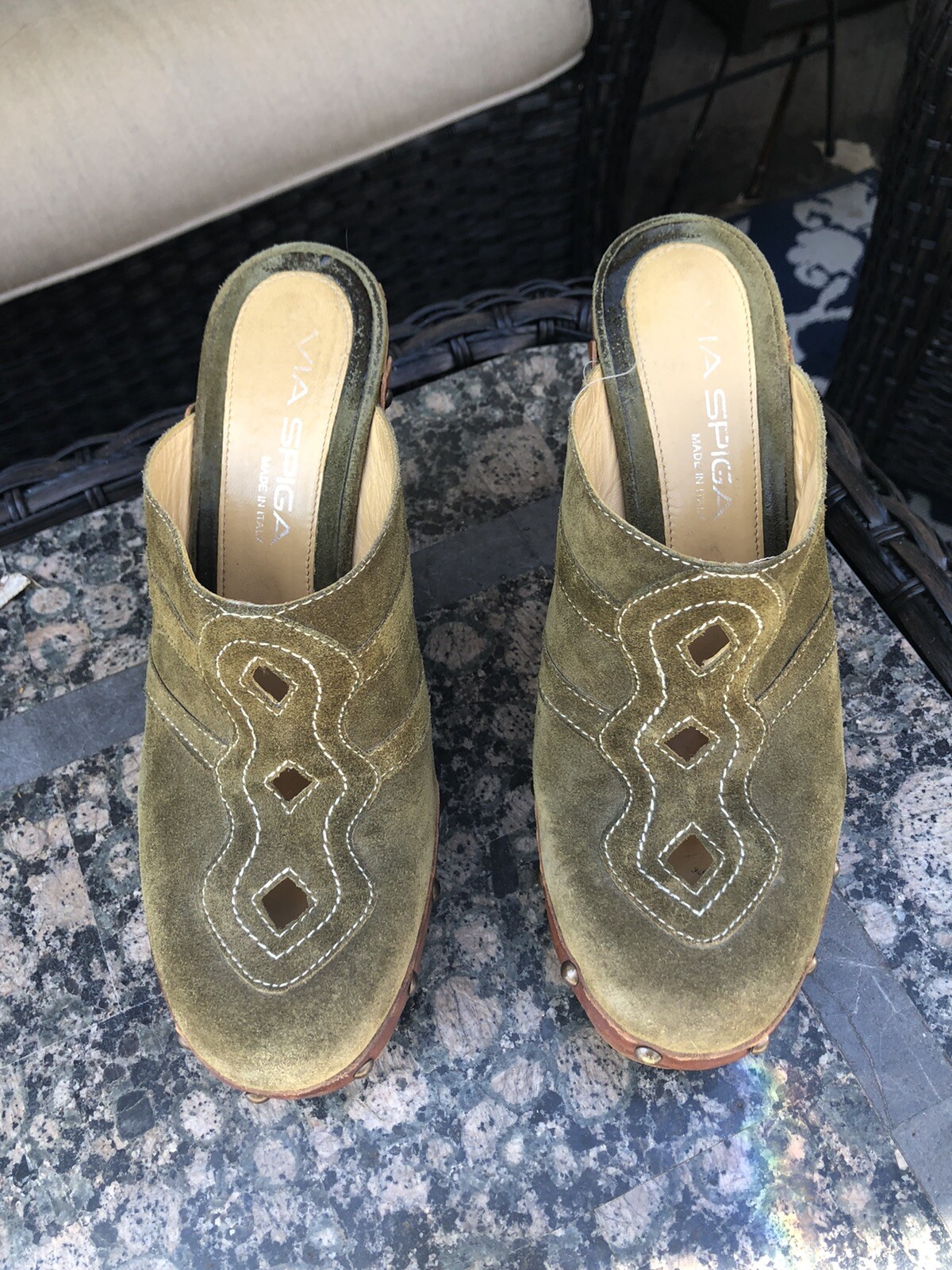 Via Spiga Suede Preowned Olive Green Wooden Heel Clog… - Gem