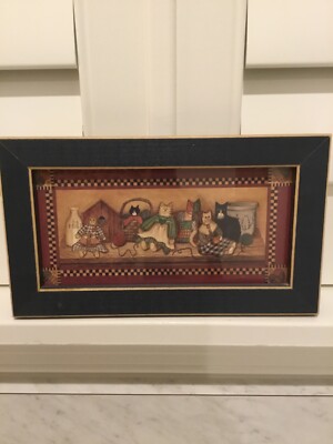 ~Linda Spivey SMALL COUNTRY CATS FRAMED ART PRINT 8.25”x4.75” PATCHWORK ...