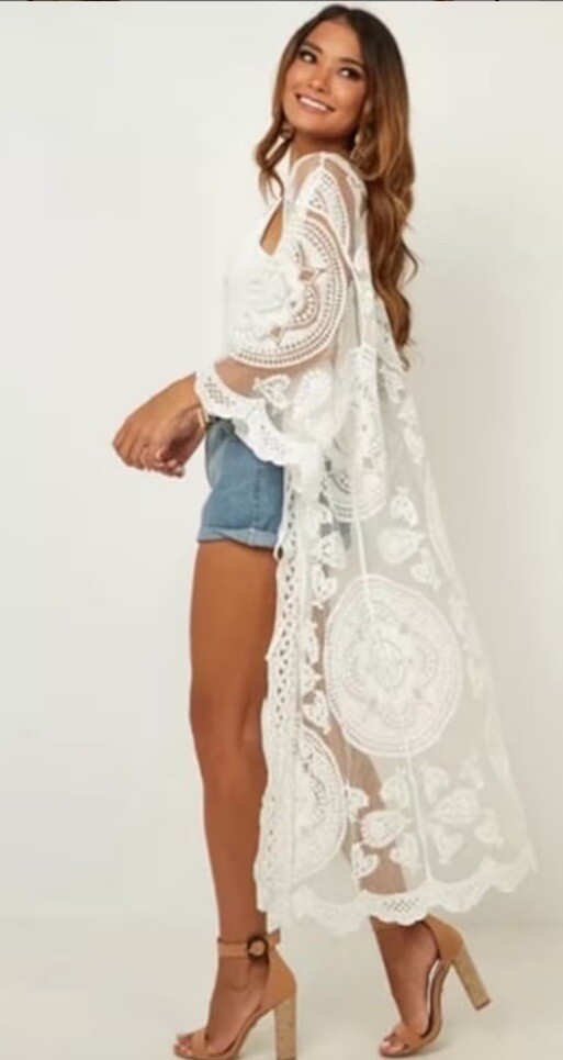 Cream Scalloped Sheer mesh Lace Maxi Duster boho kimo… - Gem