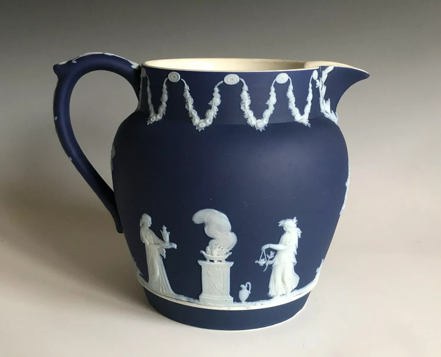 Wedgwood dark blue jasperware pitcher greek goddess cherubs trees ...