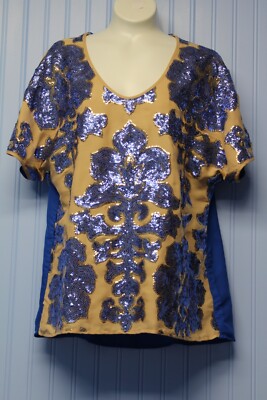 Neiman Marcus Tracy Reese blue sparkle lined s/s scoop neck pullover ...