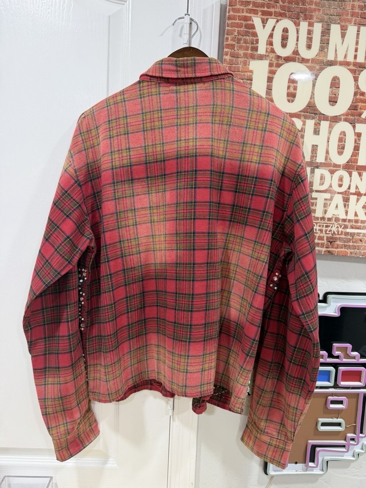 VALE Studded Rhinestone Plaid Flannel Shirt Red Spiderweb Design ...
