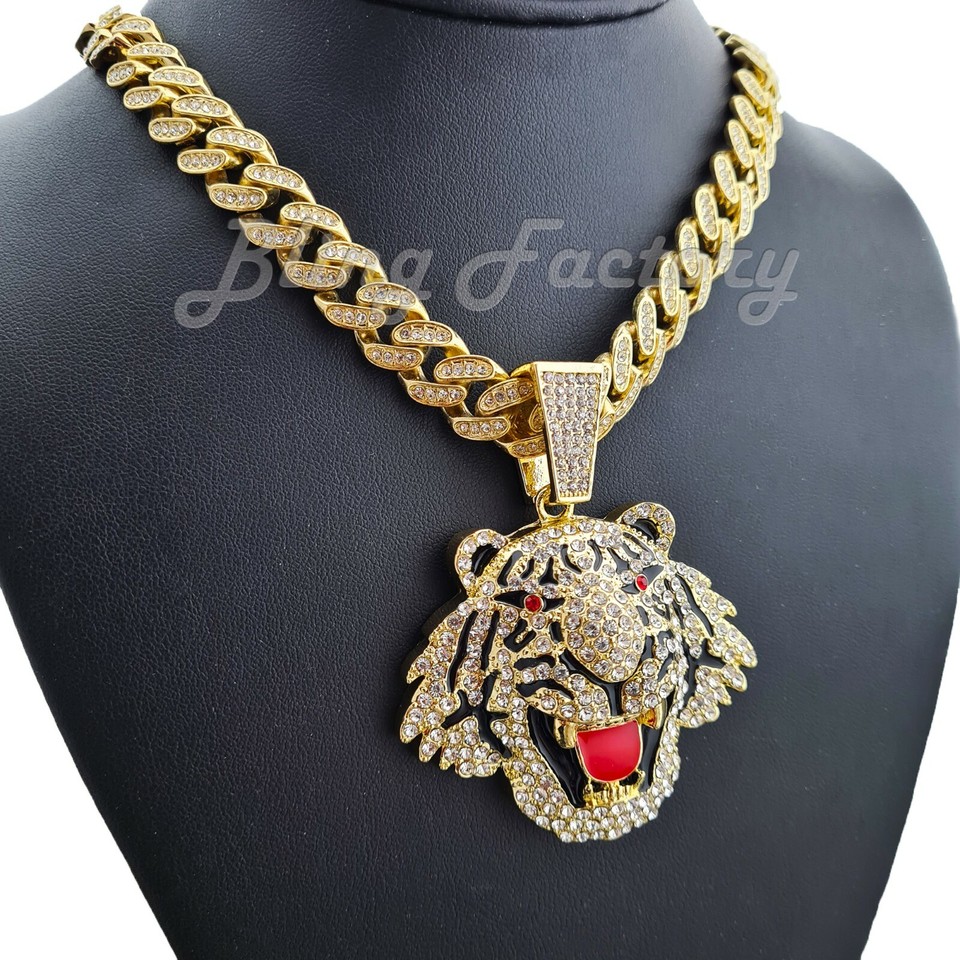 Gold PT Large Tiger Pendant & 12mm 16" ~ 30" Iced Box Lock Cuban Chain ...