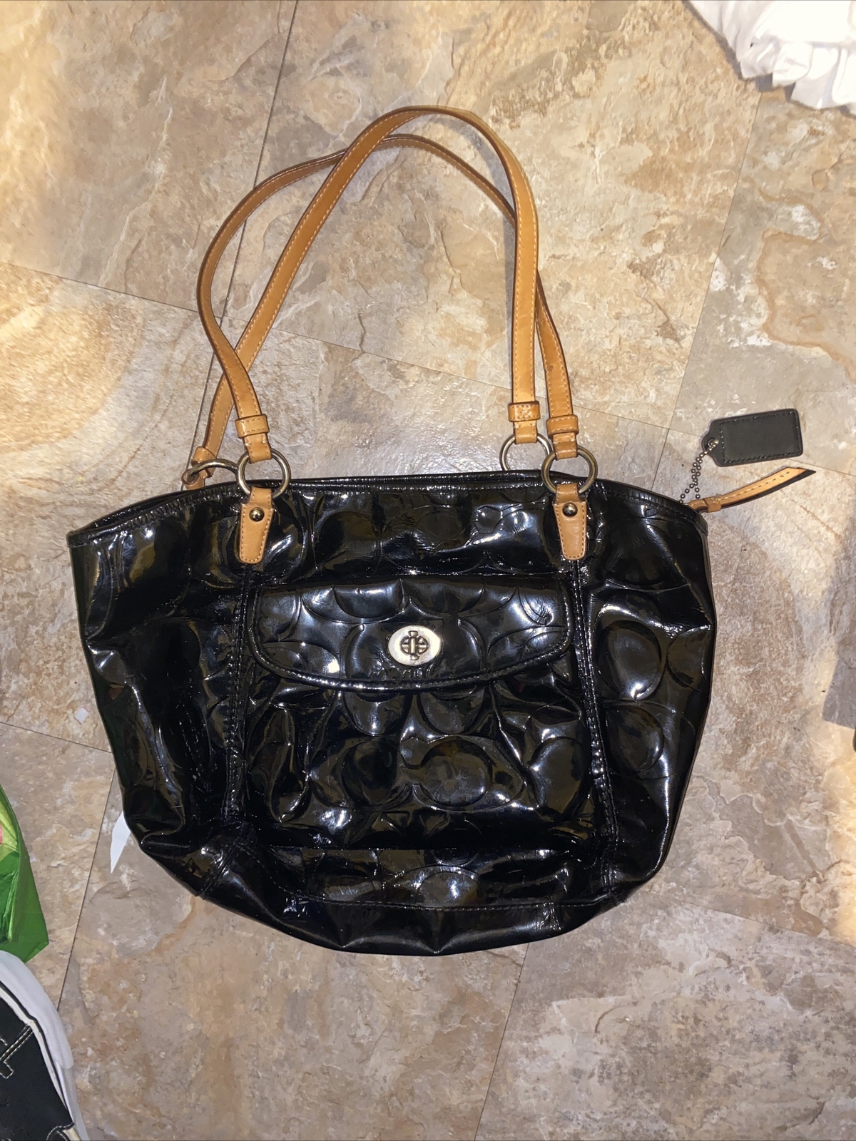 COACH F14663 Leah Signature Navy Blue Embossed Patent… - Gem