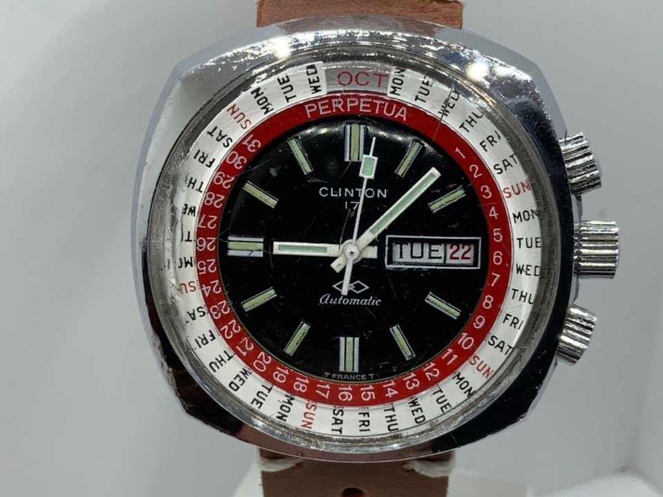 VINTAGE 1970’S CLINTON Perpetua Day Date Calendar Automatic 44MM Diver ...