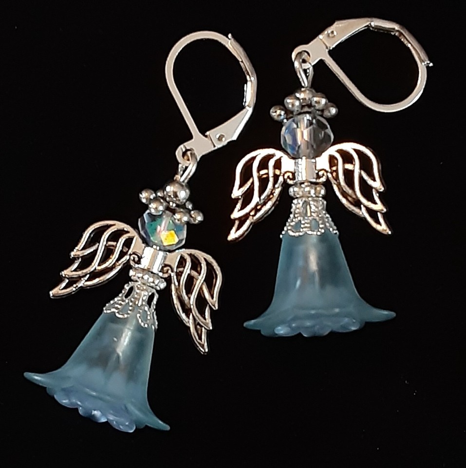 light BLUE Acrylic FLOWER ANGEL Faceted AB CRYSTAL earring SP LEVER ...