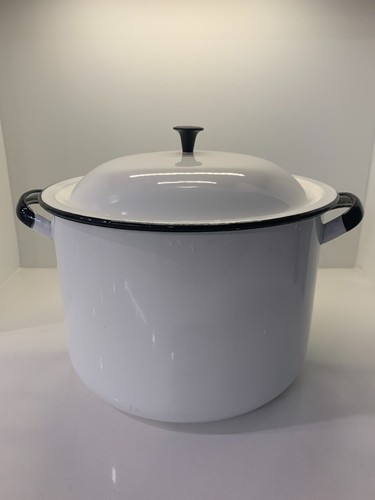 Vintage Large White Enamel Canning Stock Pot w/ Black Rim and Lid | eBay