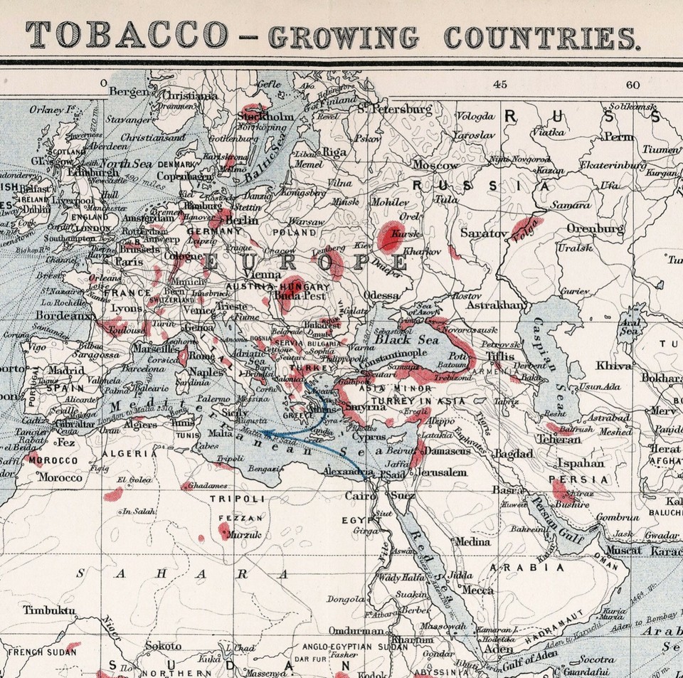 1907 World Commerce Map of Tobacco Cigar Smoke Shop Decor Tobacconist ...