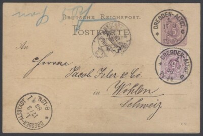 AOP Germany 5pf postal card uprated 5pf used 1889 Aachen to Wohlen ...