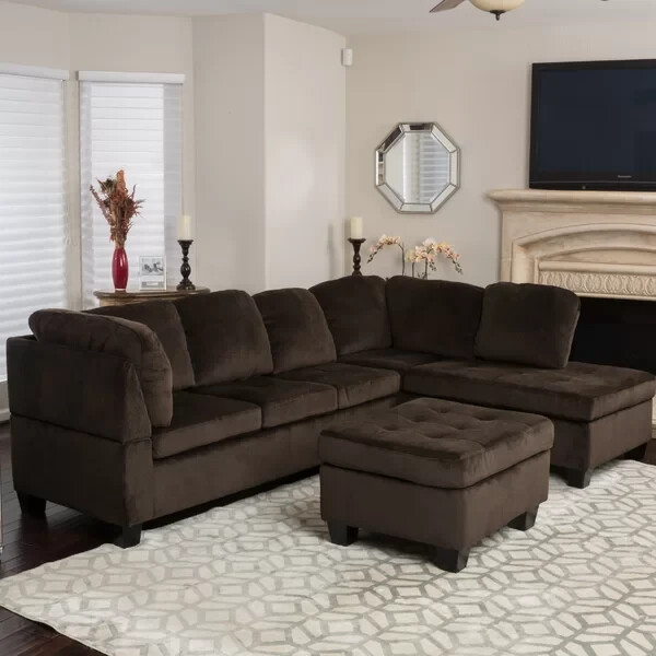 Chocolate Brown MicroSuede Fabric Sectional Sofa Set with Ottoman | eBay