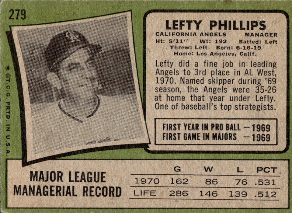Lefty Phillips 1971 Topps #279 California Angels | eBay