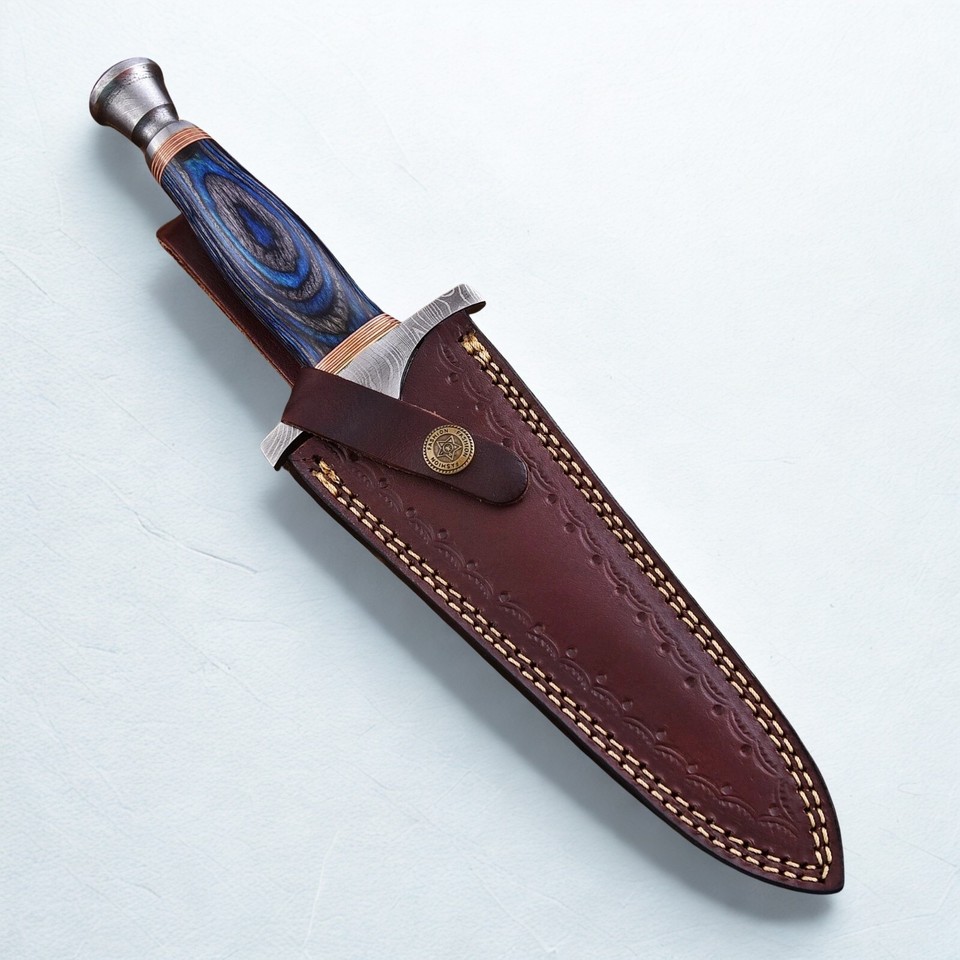 SHARD Handmade Damascus Steel Dagger Knife Blue Pakkawood Fixed Blade w ...