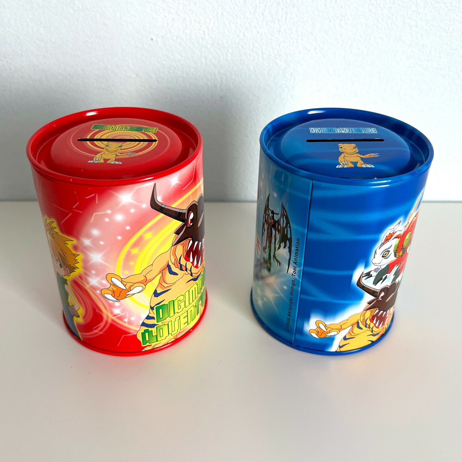 VINTAGE DIGIMON Adventure – 4" COIN BANK / PIGGY BANK Tin Red & Blue ...
