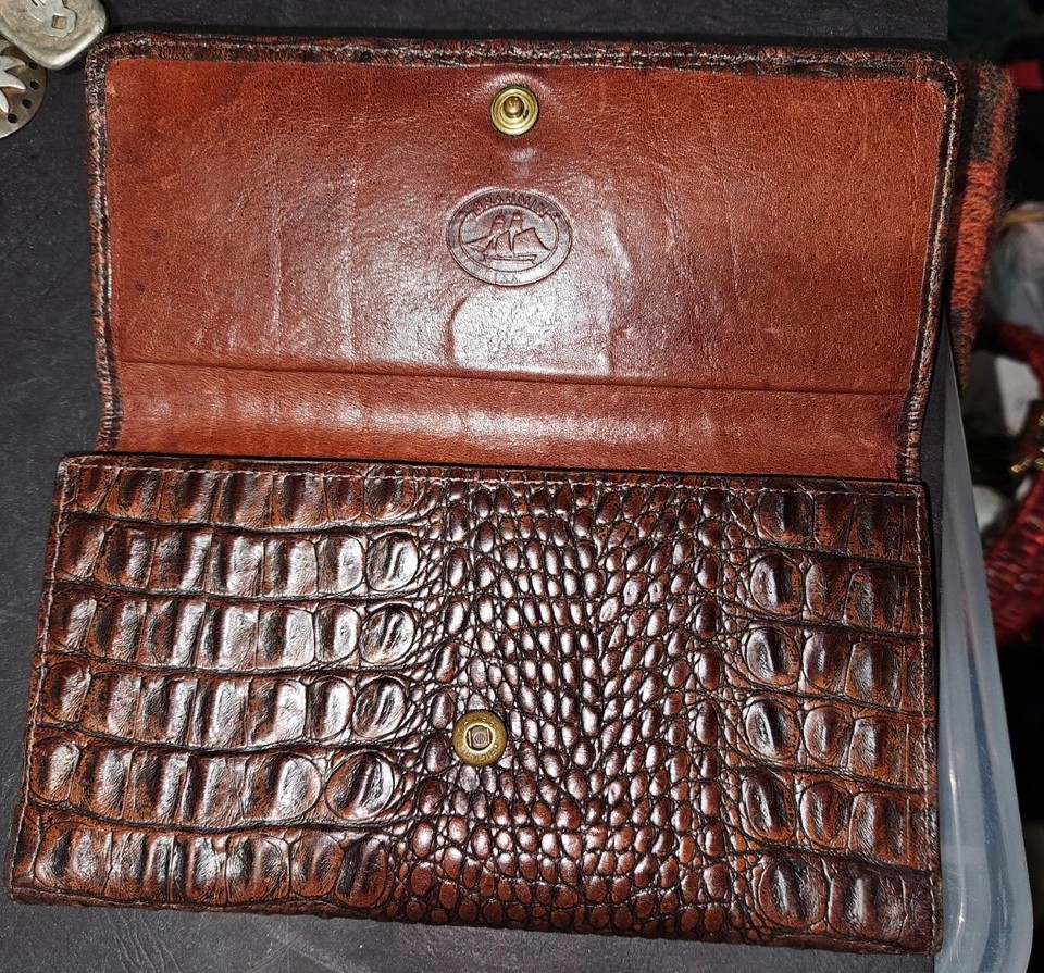 Vintage Brown Moc Croc Embossed Leather BRAHMIN Tri-Fold Wallet Checks ...