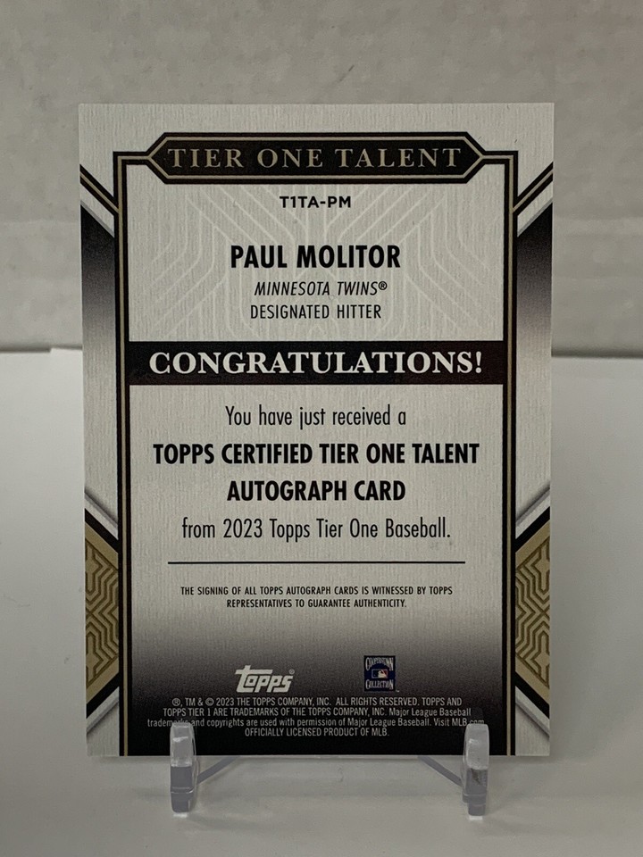 2023 Topps Tier One Tier One Talent Auto /10 Paul Molitor #T1TA-PM Auto ...