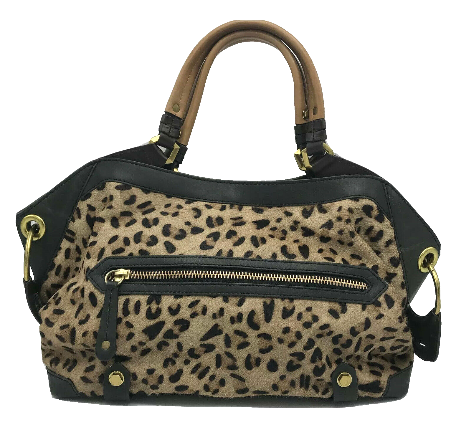 ORYANY Kelly Calf Hair Satchel Bag Leopard and Black Leather 2 Handles ...