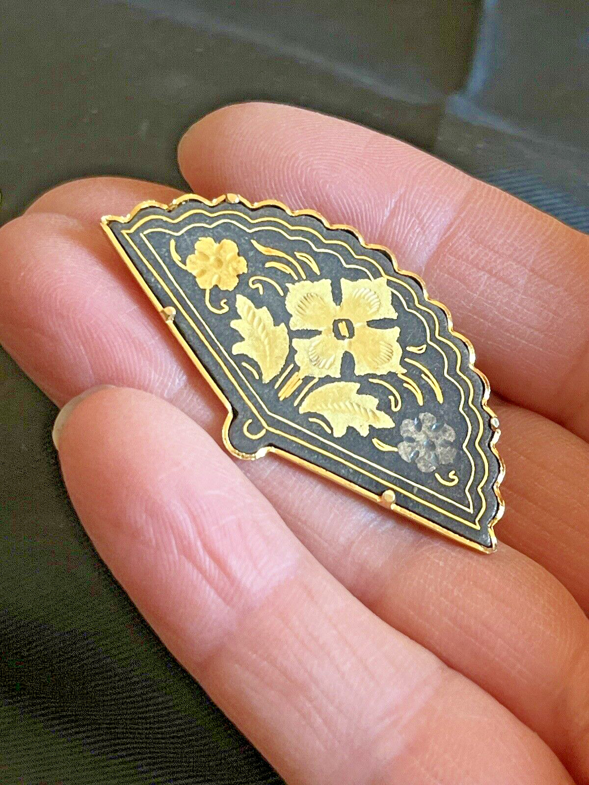 2 Vintage Spanish Damascene Fan & Oval Brooch Pins Tr… - Gem