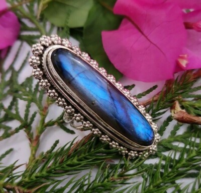 Long Labradorite Ring 925 Sterling Silver Bridesmaid Ring Wedding Ring ...