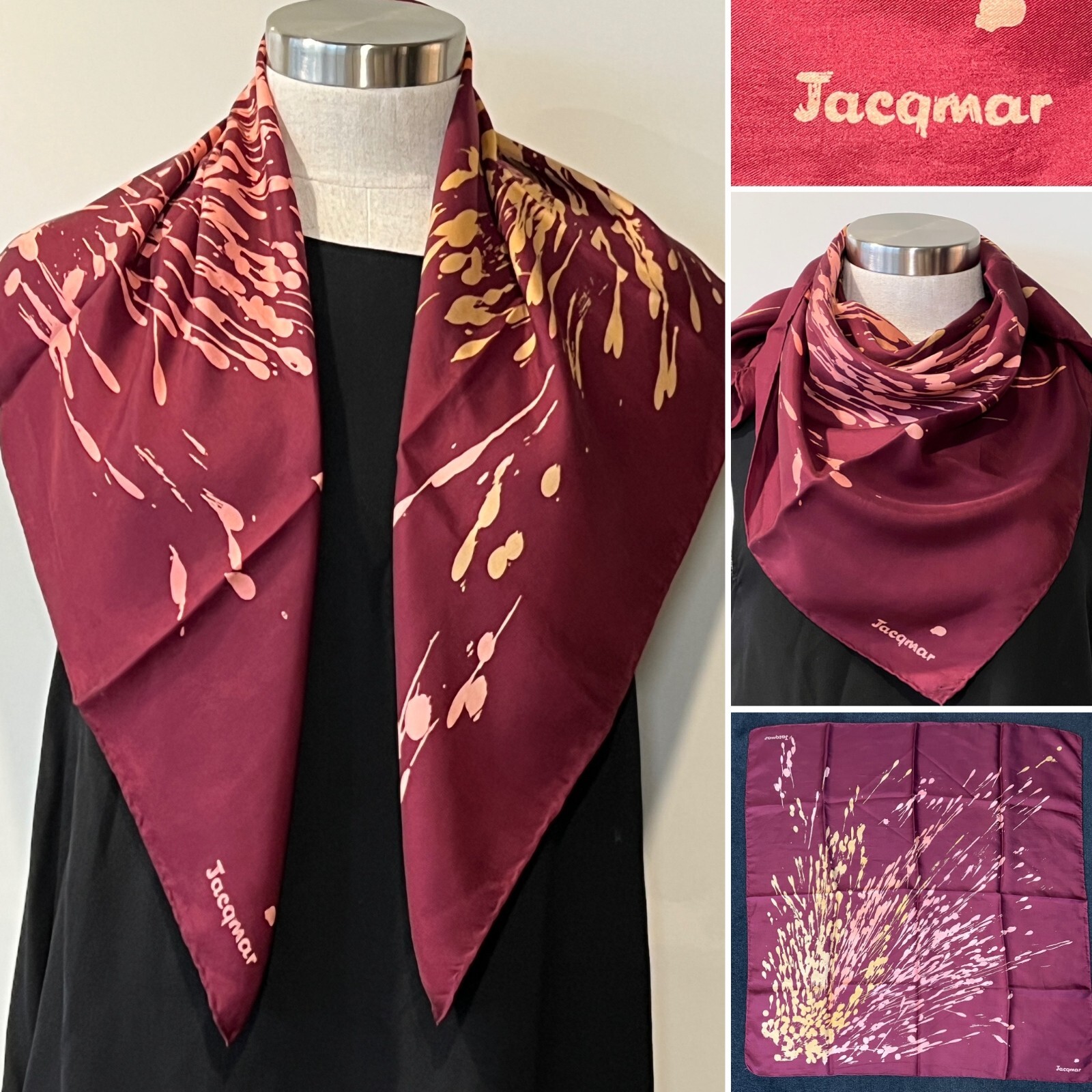 Jacqmar London Silk Twill Burgundy/Pink Abstract SCARF 76x76cm Handroll ...