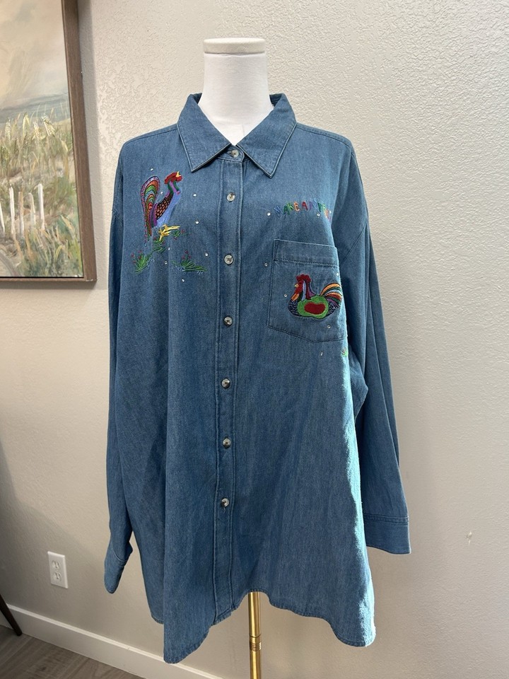 The Quacker Factory Chicken Rooster Embroidered Shirt Blue Denim Plus ...