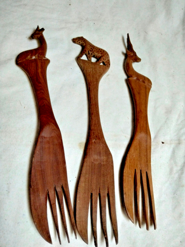 set of 3 Vintage African Carved Forks Teak Wood Retro 70s giraffe deer ...