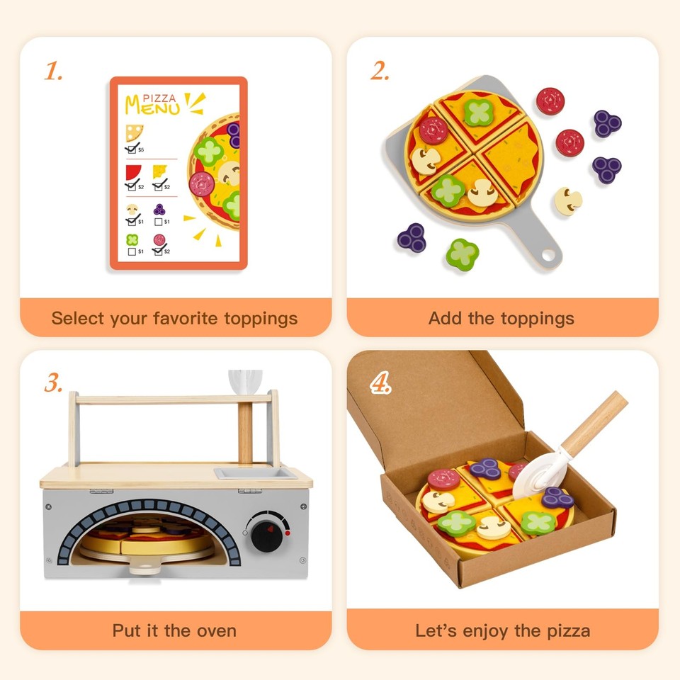OOOK Wooden Pizza Toy Kids Pizza Counter Playset, Montessori Pretend ...