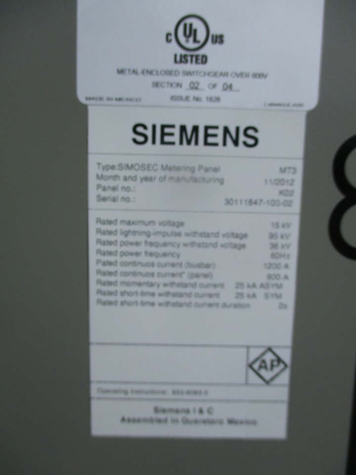 Siemens SIMOSEC 15KV 1200 AMP Load Interrupter Switch, 3x 600A, EO/MO ...