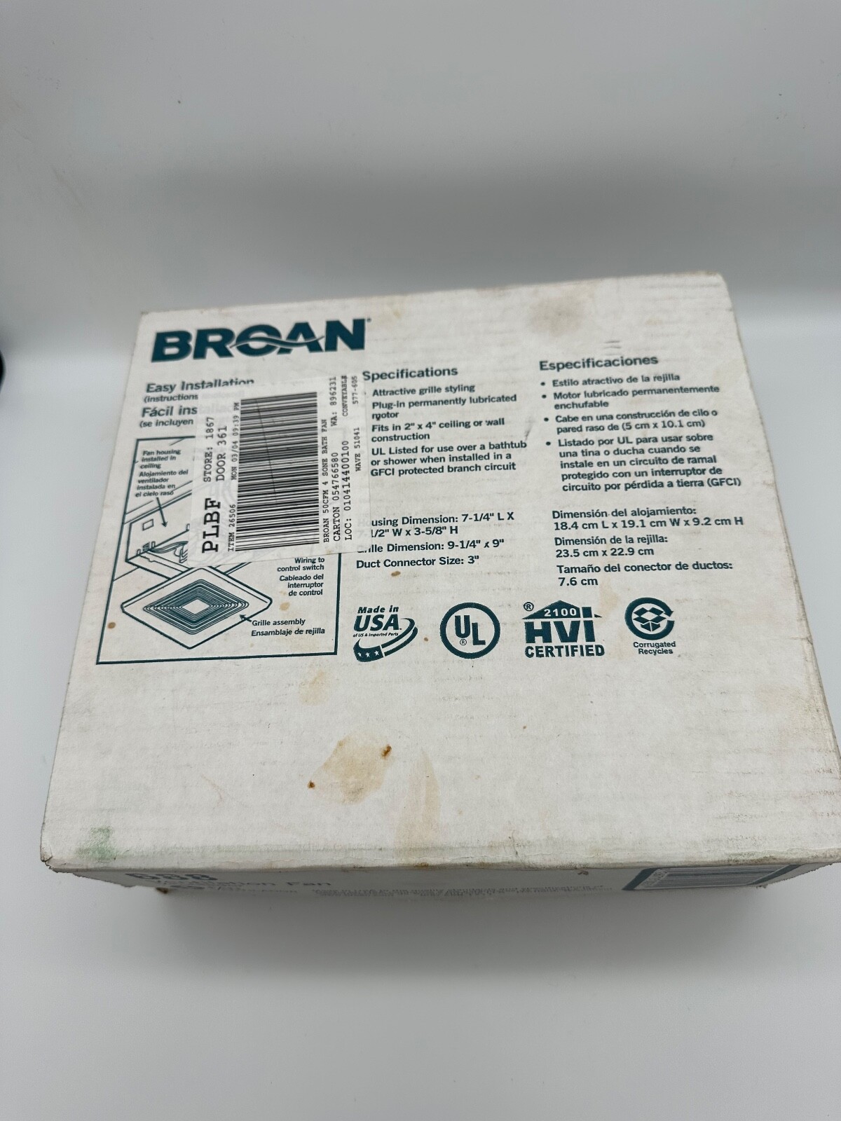 Broan 688 Ceiling Ventilation Fan 50 CFM 4 Sones White Bathroom Exhaust ...