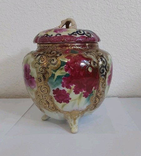 Antique Nippon Footed Biscuit Jar Hand Painted Mark On Bottom No Chips ...