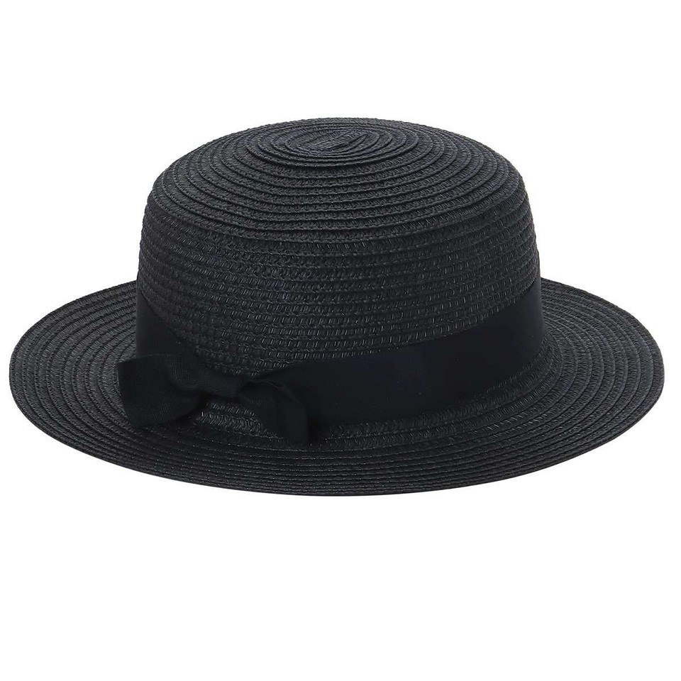 Women Boater Straw Sun Hat - Flat Top Panama Short Brim Fedora Summer ...