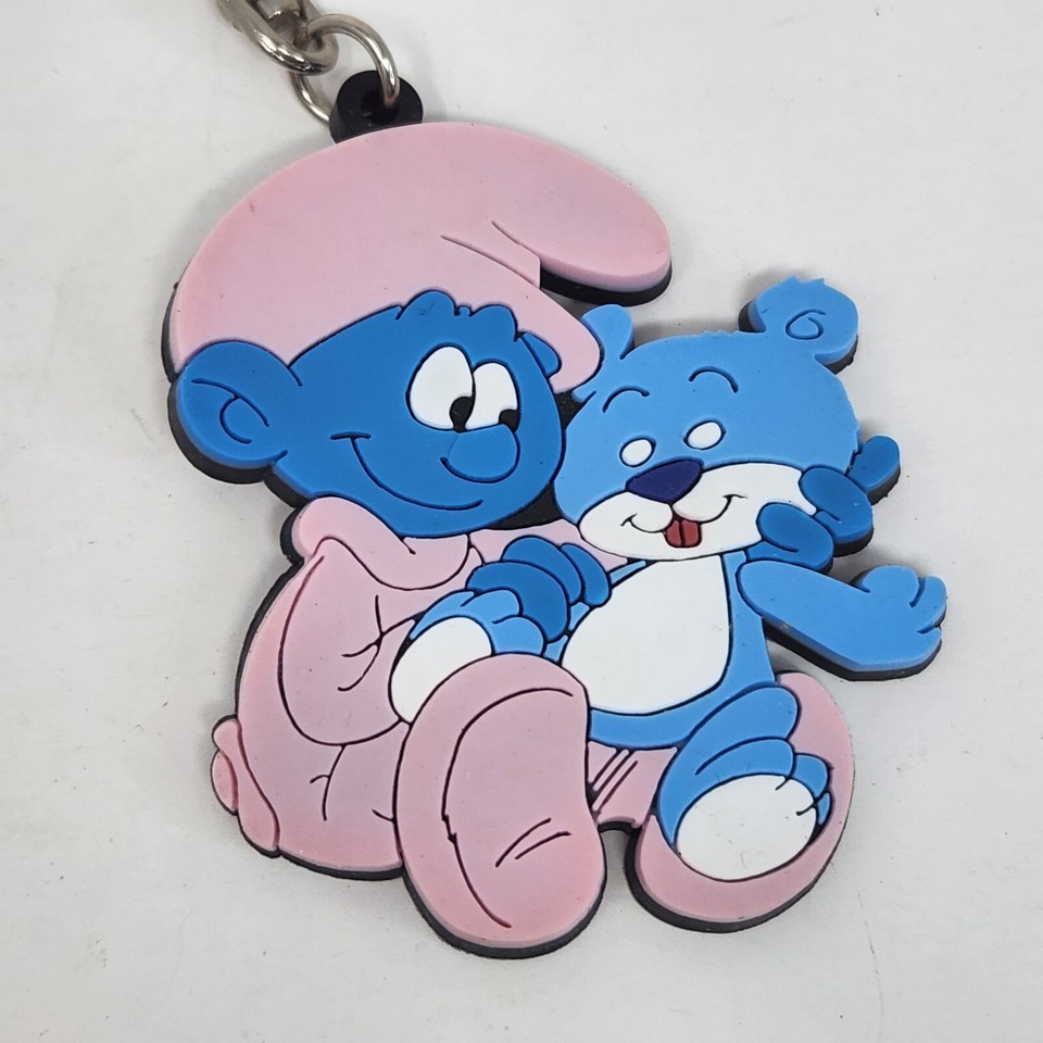 VINTAGE 1995 PEYO SMURFS KEYCHAIN BABY SMURF W/ BLUE TEDDY BEAR RUBBER ...