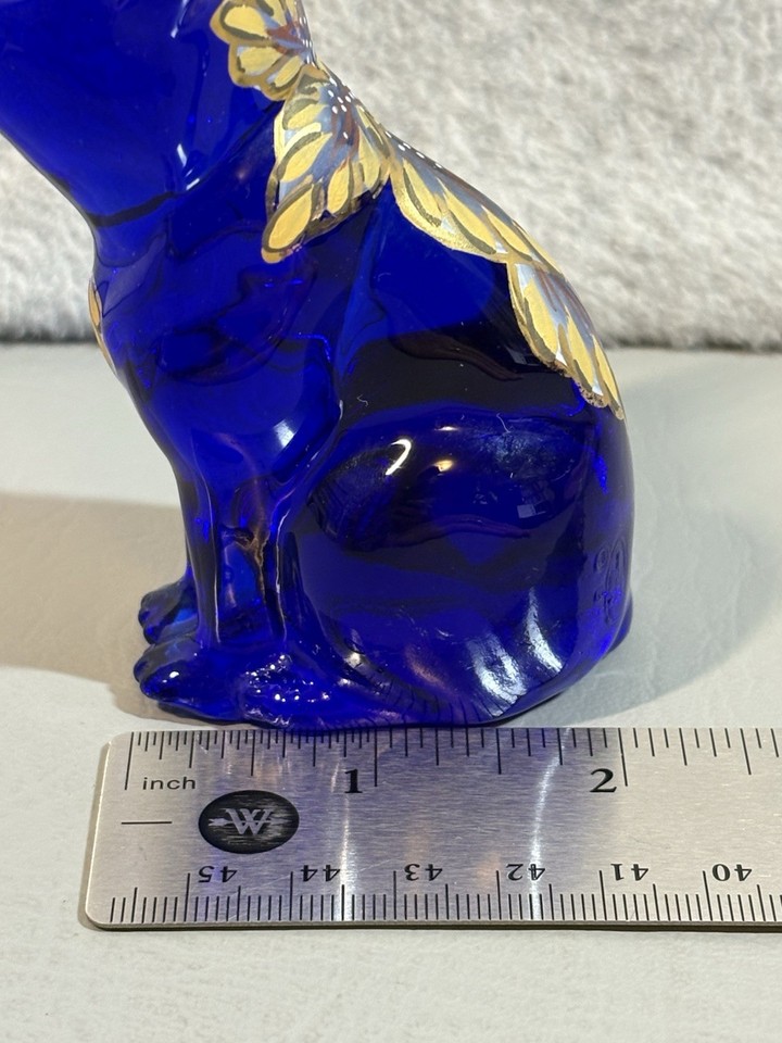Fenton Cat Glass Figurine Cobalt Blue Hand Painted Gold Leaves Signed ...