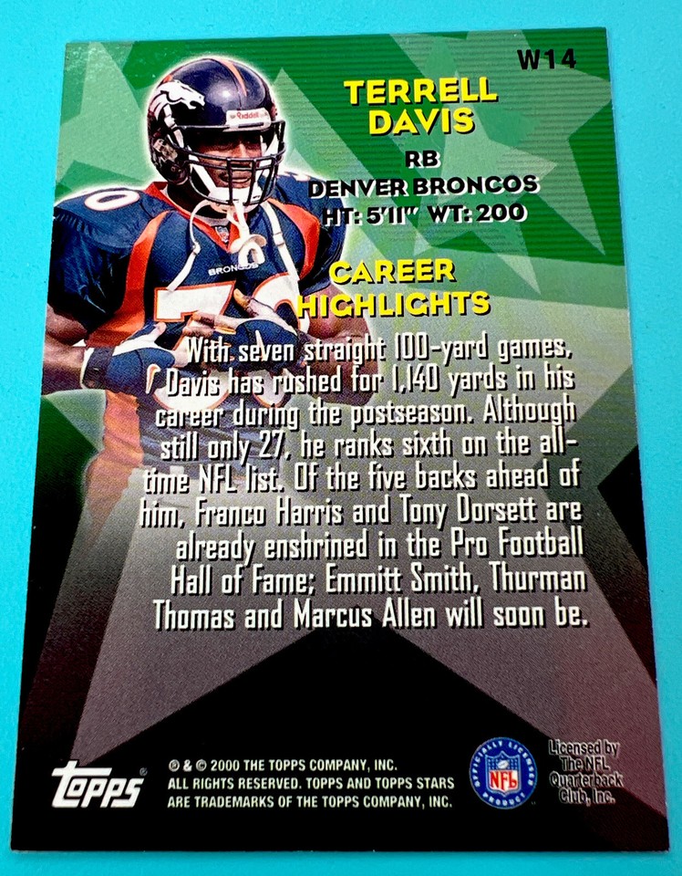 TERRELL DAVIS 2000 TOPPS STARS WALK OF FAME FOOTBALL CARD # W14 NM-MT ...