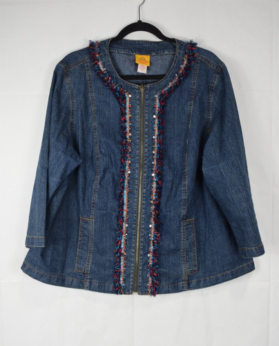 Ruby Rd Woman's Denim Jacket Sz. 16W Multicolor Fringe Beads Sequins ...