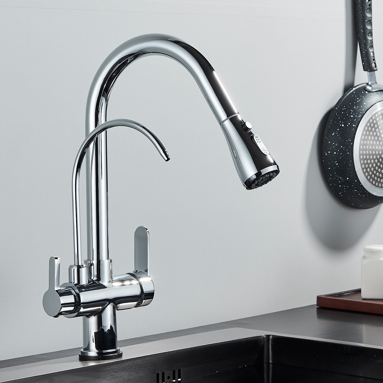 3-Way Filter Kitchen Tap Pull Out Sprayer Dual Handle Sink Mixer Taps ...
