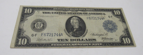 UNITED STATES FEDERAL RESERVE 10.00 LG NOTE SERIES OF 1914 BLUE SEAL VG ...