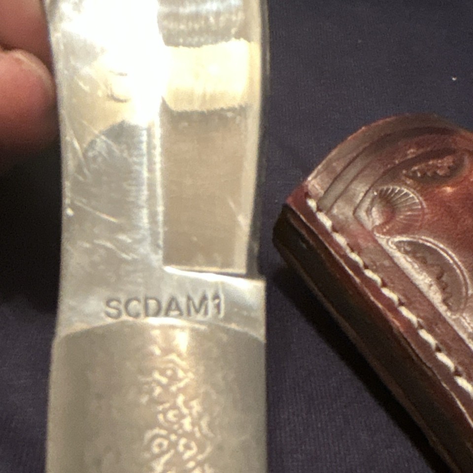 Schrade Cut Co Vintage Damascus Hunting Knife Wood Handle Clip Point w ...