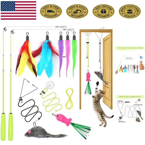 Adjustable Cat Wand with Feather, Mouse & Fish Toys - Engage Your ...