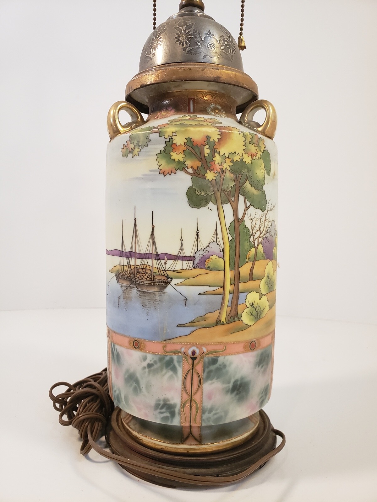 Art Deco Boat Scene Early 20th Century Converted Pewter Lamp Porcelain ...